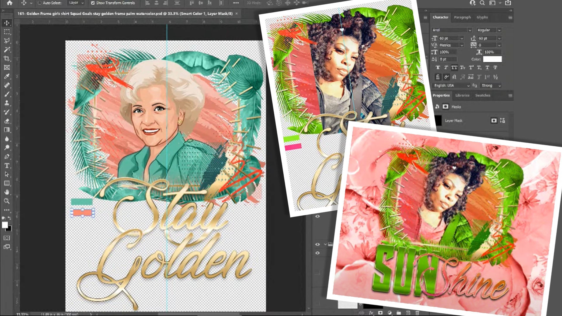 PSD-161 Golden Frame Girls Squad Goals stay golden frame palm watercol ...