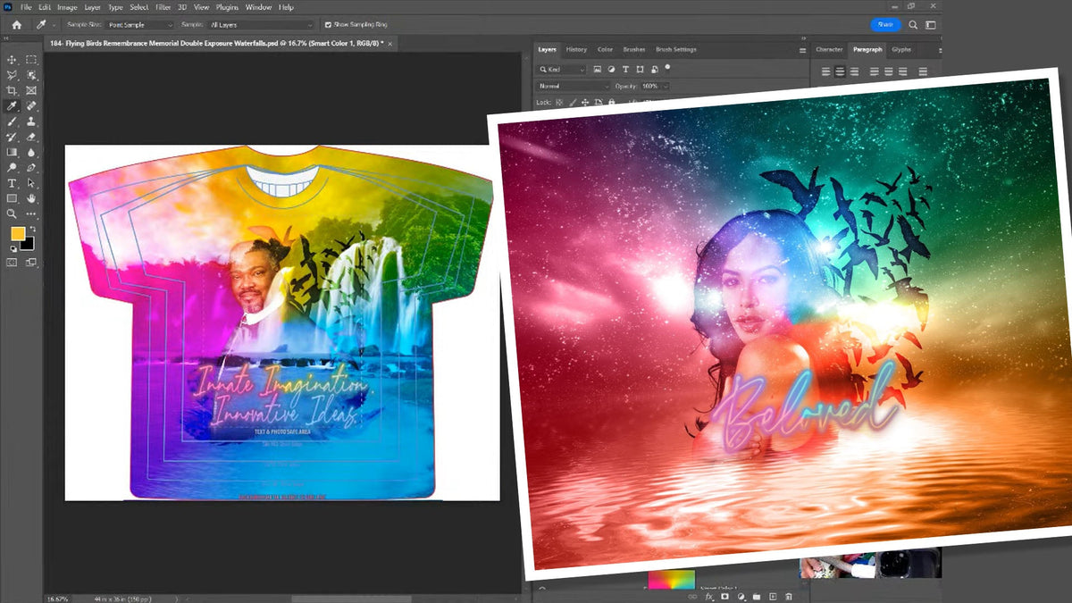 PSD-184 Flying Birds Remembrance Memorial Double Exposure Waterfalls A ...